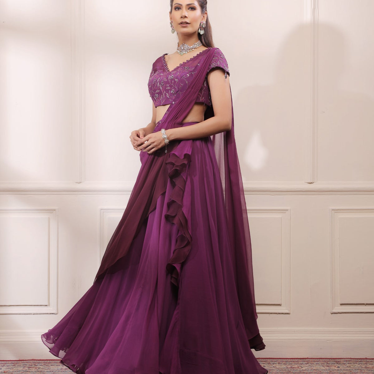 Amethyst purple drape lehenga saree – Isha Gupta Tayal