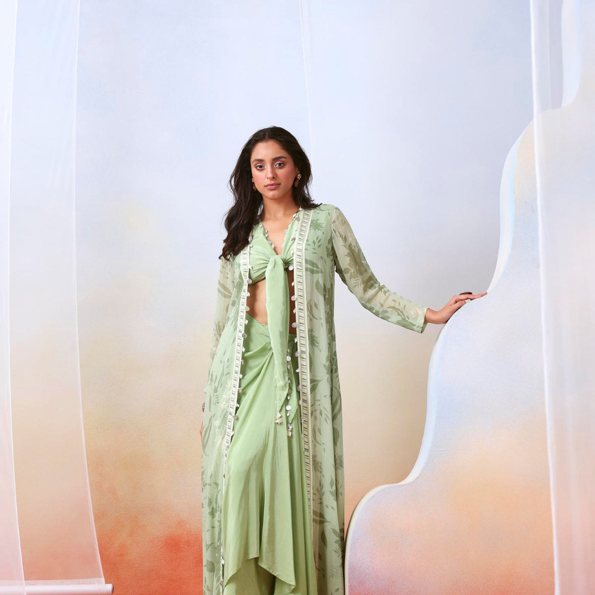 Sage green drape skirt set with printed cape jacket – Isha Gupta Tayal