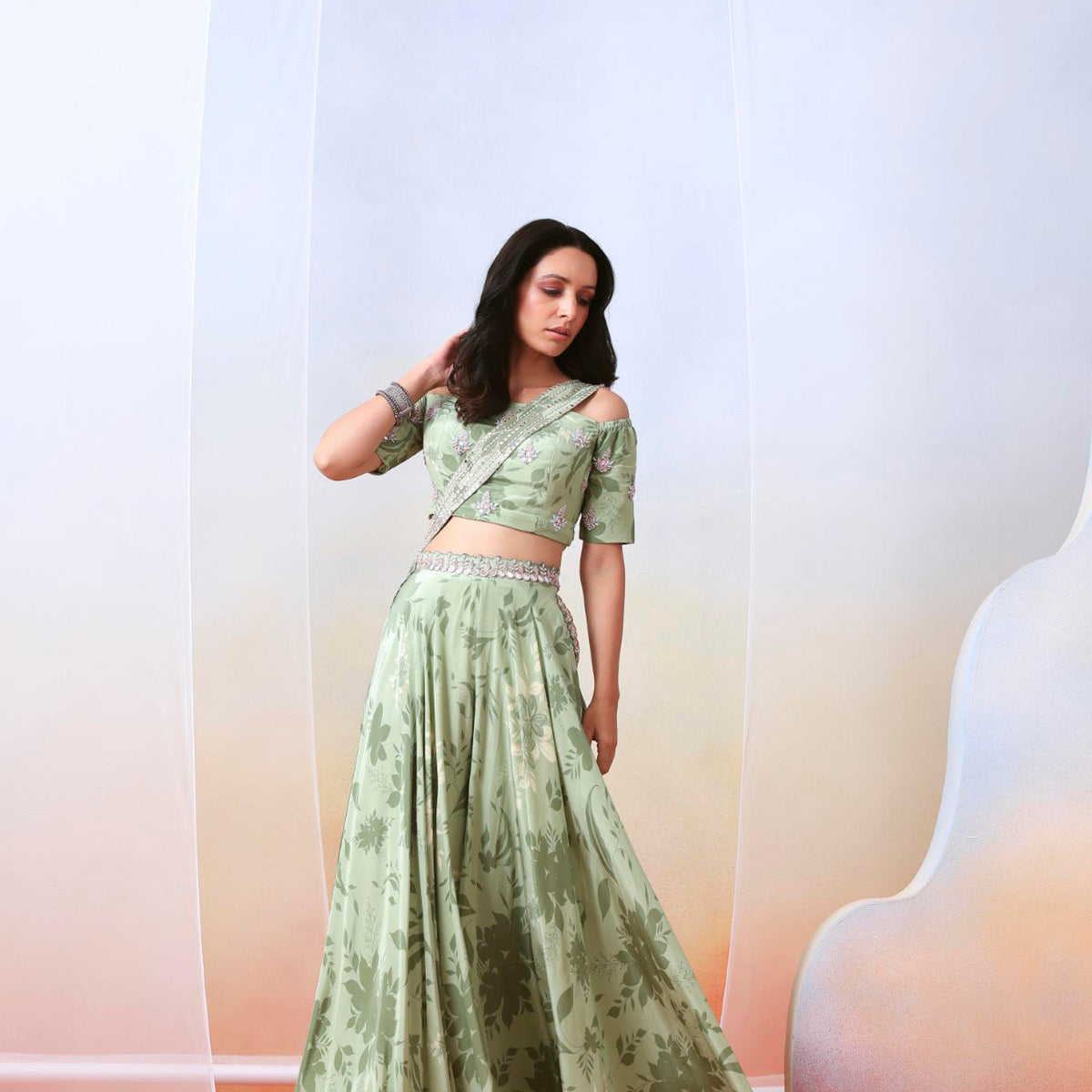 Sage green printed and embroidered sharara set – Isha Gupta Tayal